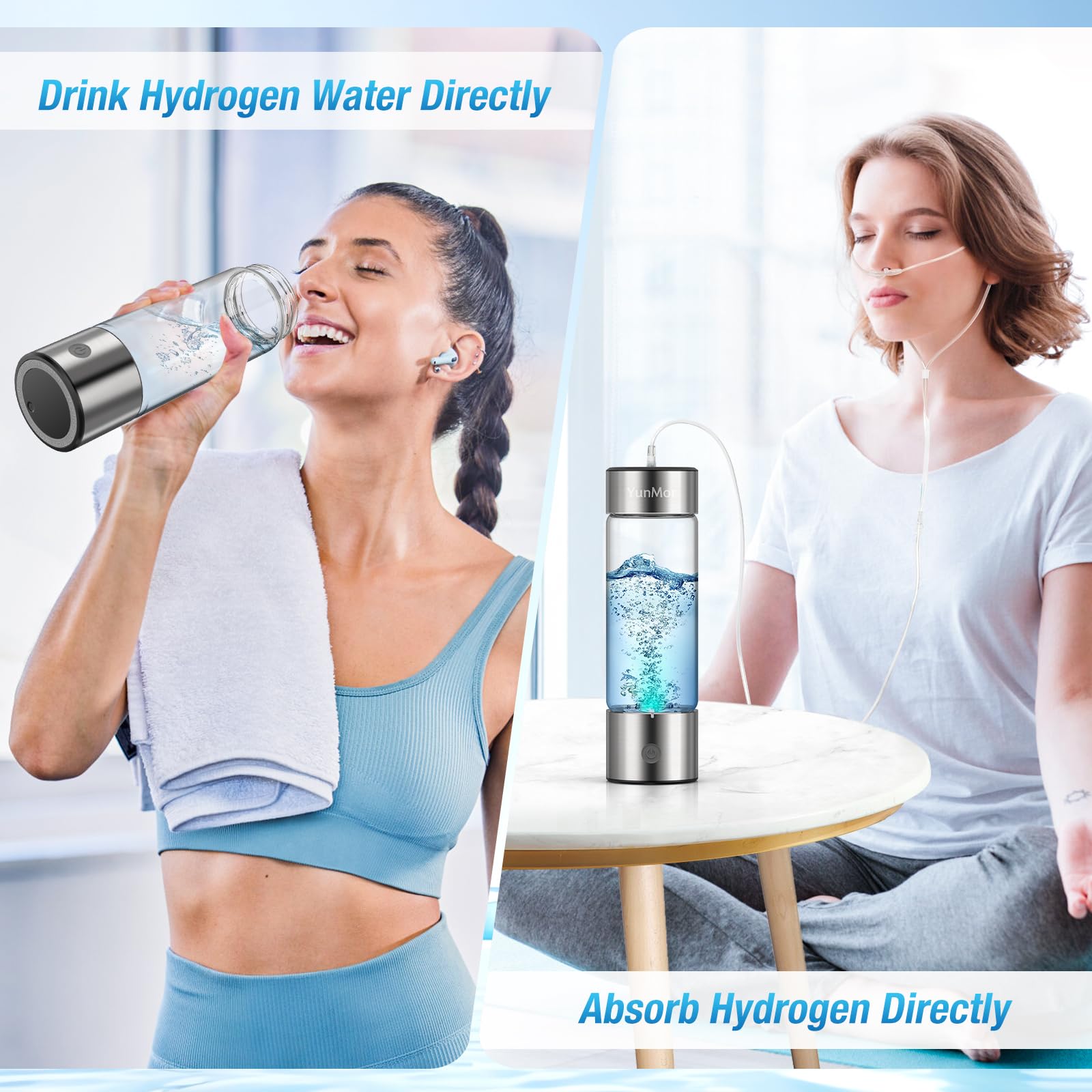 YunMor Hydrogen Water Bottle SPE PEM Technology Hydrogen Inhalable Hydrogen Water Bottle Generator 3-Minute Quick Electrolysis 2800ppd Hydrogen Water for Home, Office, Daily Drinking