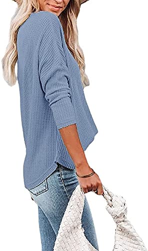 Fronage Womens Waffle Knit Tunic Tops V Neck Long Sleeve Casual Loose Pullover Blouses Shirts (Blue, Medium)