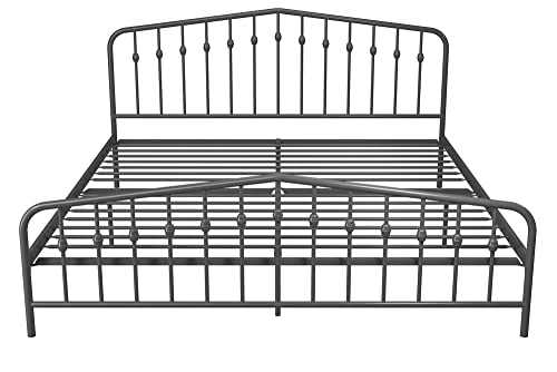 Novogratz Bushwick Metal Bed with Headboard and Footboard | Modern Design | King Size - Grey