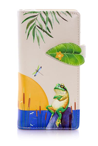Shag Wear Frog Sunset Large Animal Wallet for Women and Teen Girls Vegan Faux Leather Beige 7"