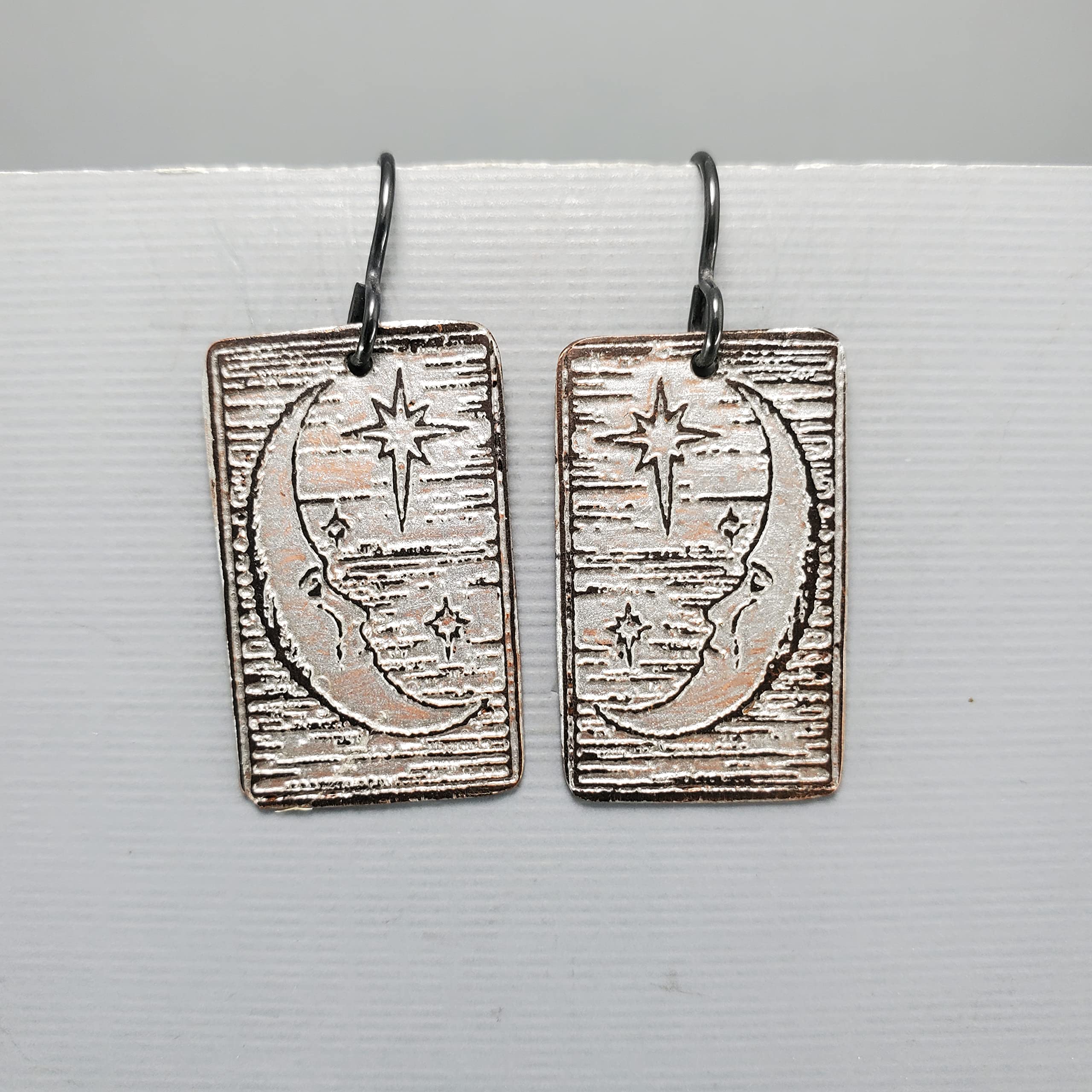 Celestial Moon Earrings Moon Beam Earrings Tarot Card Moon Earrings Silver Moon Earrings Etched Recycled Copper