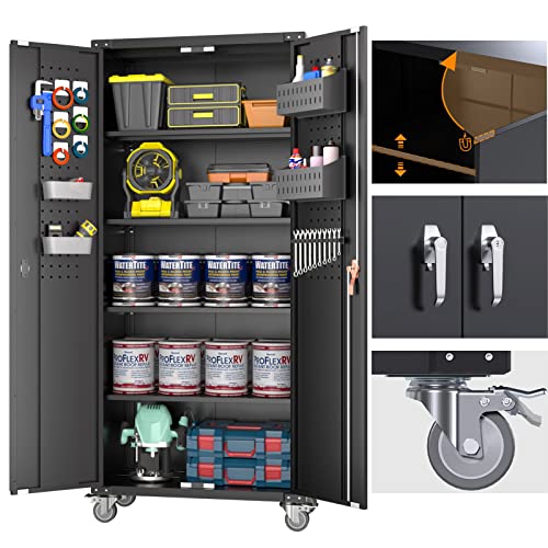 GangMei Rolling Metal Storage Cabinet with Pegboard, 72''H Tall Garage Cabinet with Wheels & 4 Adjustable Shelves, Garage, Home, Assemble Required, Black
