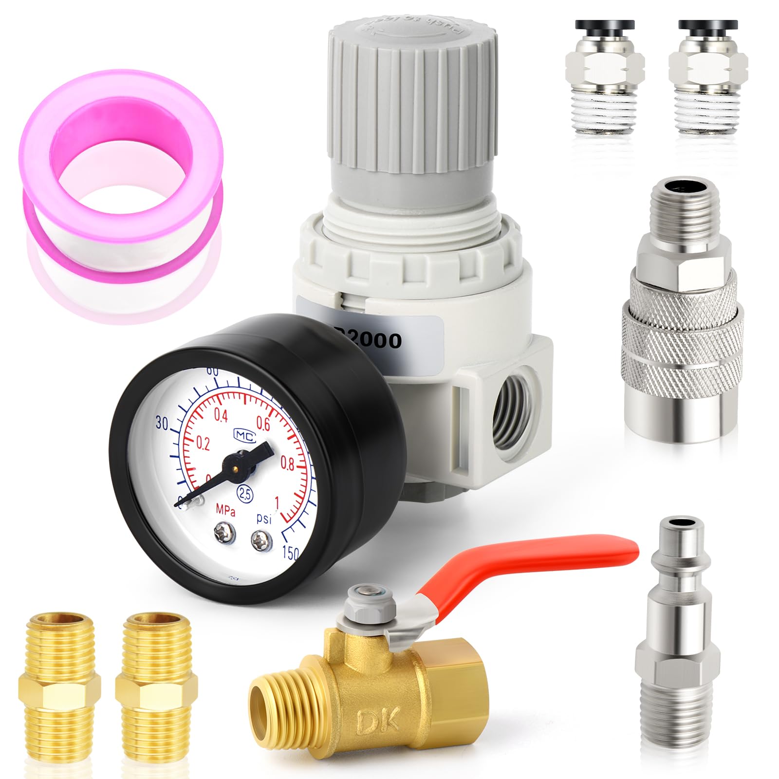MEANLIN MEASURE 1/4 Inch NPT Air Compressor Regulator with Gauge, 0-150 PSI AR2000 Air Gauge Regulator Inline for Air Compressor and Pneumatic Tools