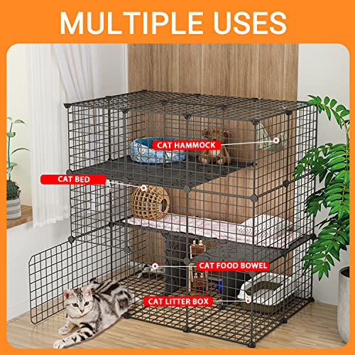 IKARE Cat Cage DIY Indoor Pet Home Small Animal House Detachable Playpen with 3 Doors 3 Tiers for Kitten Puppy Bunny Exercise. (Black,27.6 x 27.6 x 41.3Inch)
