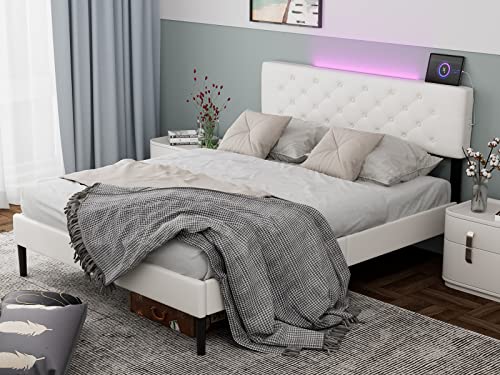 IKIFLY Modern Full Size LED Bed Frame with 2 USB Ports, Upholstered Button Tufted Faux Leather Platform Bed with Adjustable Headboard, Solid Wood Slats, No Box Spring Needed - White/Full