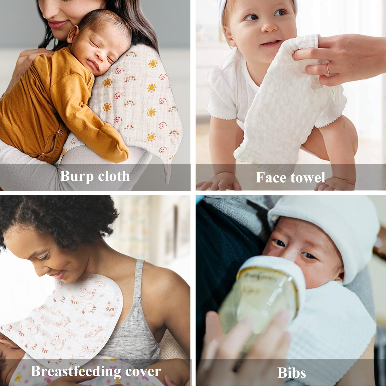 COTTONBEBE Muslin Burp Cloths with Snaps, Multi-Use Burpy Bib 100% Natural Cotton,Large 22"X11" Extra Absorbent Burping Cloth for Baby Girl & Boy, Safari & Rainbow & White