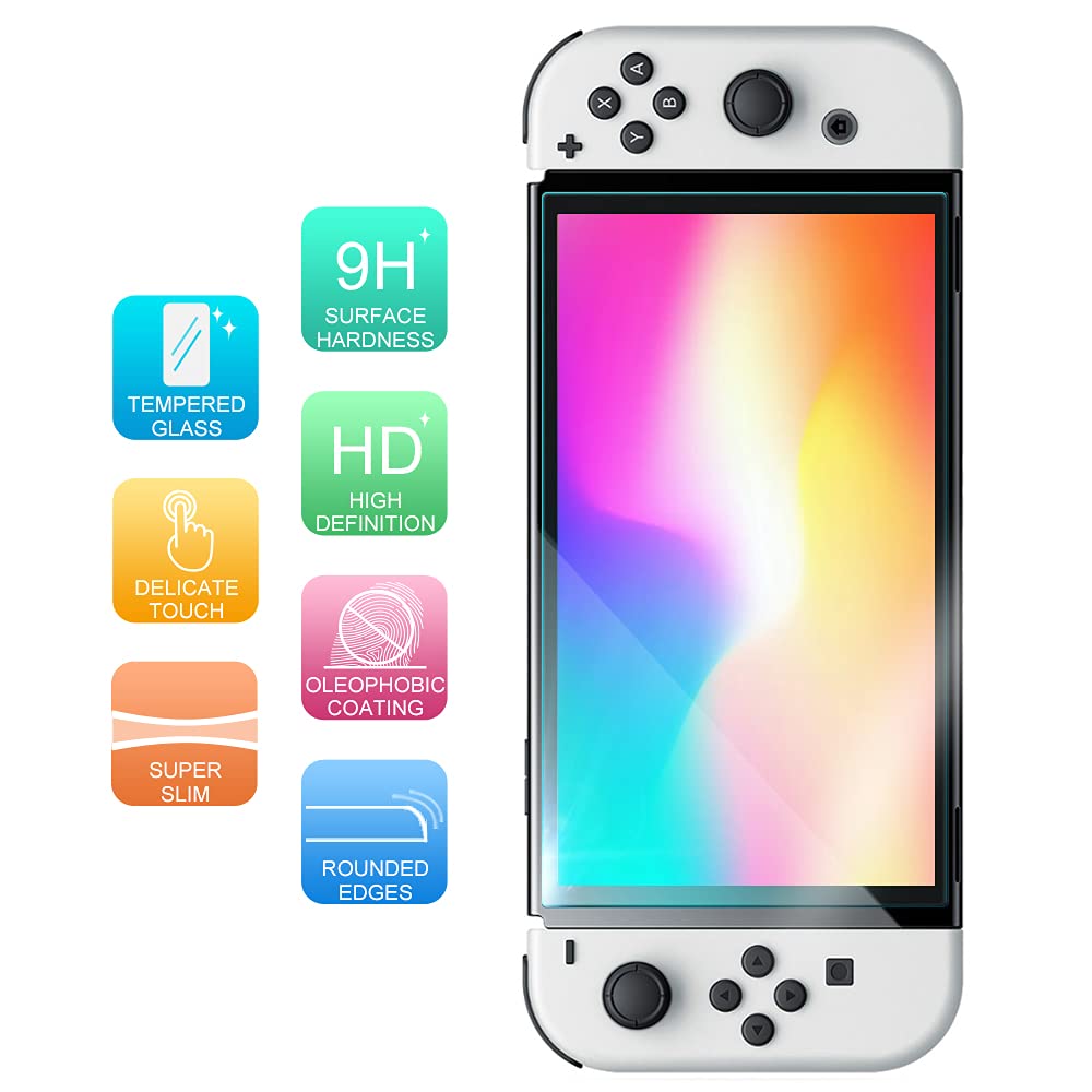 TJS [2 Pack Screen Protector Tempered Glass for Nintendo Switch OLED Model 2021, [Works While Docking] - 0.3mm Thickness/Bubble Free/Ultra Clear/9H Hardness/Anti-Scratch/Anti-Fingerprint (Clear)