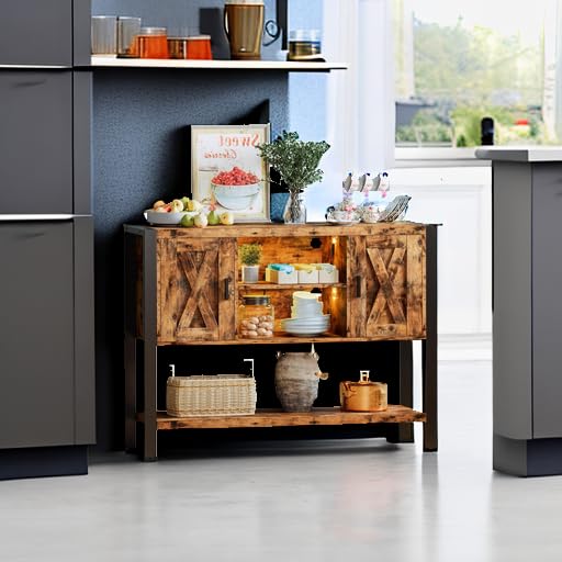 IRONCK Sideboard Buffet Cabinet with LED Light & Charging Station, Coffee Station Table, Bar Storage for Kitchen, Dining Room, Living Room, Vintage Brown