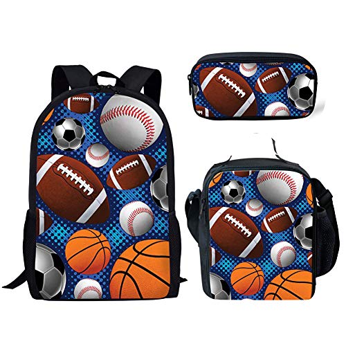 FANCOSAN Sport Football Baseball Basketball Designs Backpack for Mens,Teen Boys Junior School Bag+Lunchbox+Pen Case