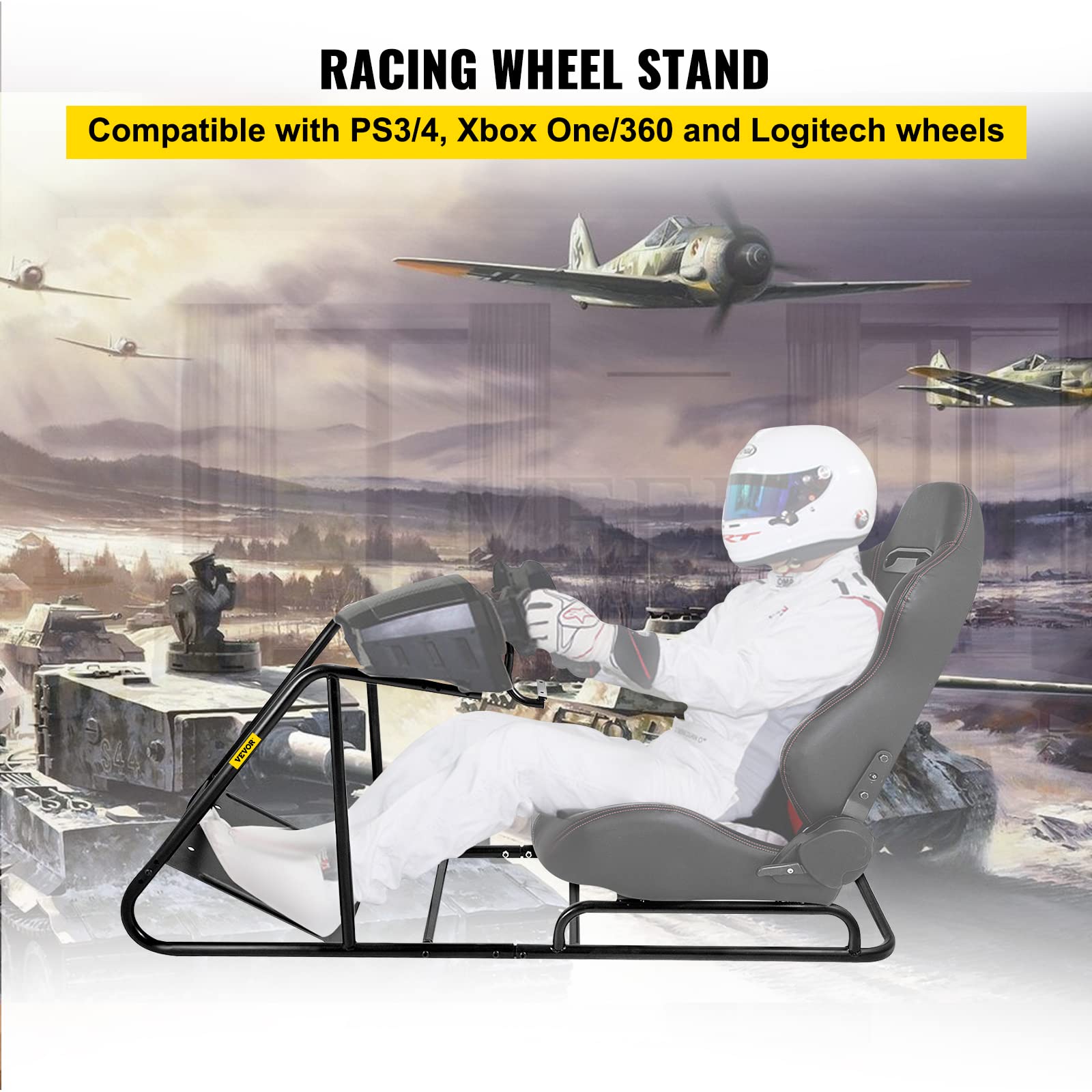 VEVOR Racing Wheel Stand, Pedal Adjustable Racing Simulator Cockpit, Carbon Steel Structure Gaming Wheel Stand, Game Chair Highly Compatible with Logitech Wheels, Thrustmaster Wheels, PS3/4, Xbox 360