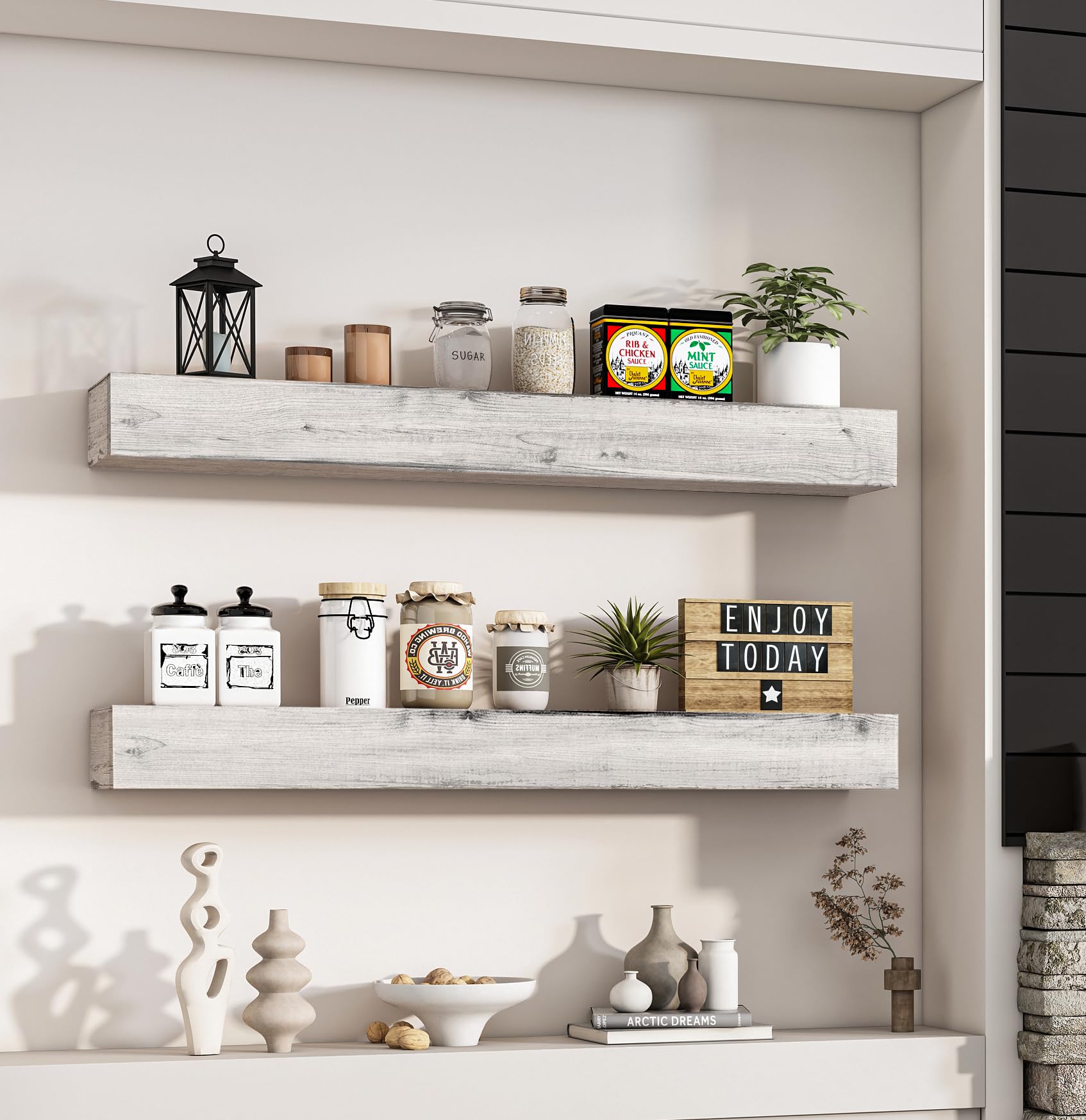 ROOREVO Wall Floating Shelves, Rustic Wood Shelf for Wall Mounted - Wooden Handmade Shelves for Bathroom Kitchen Livingroom(Distressed White, 36 Inch - 2 Pack