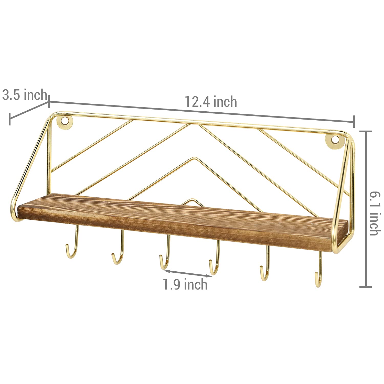 MyGift 12.4 Inch Brass Wall Key Holder Organizer Rack, Decorative Wall-Mounted Entryway Floating Wood Shelf with 6 Key Hooks