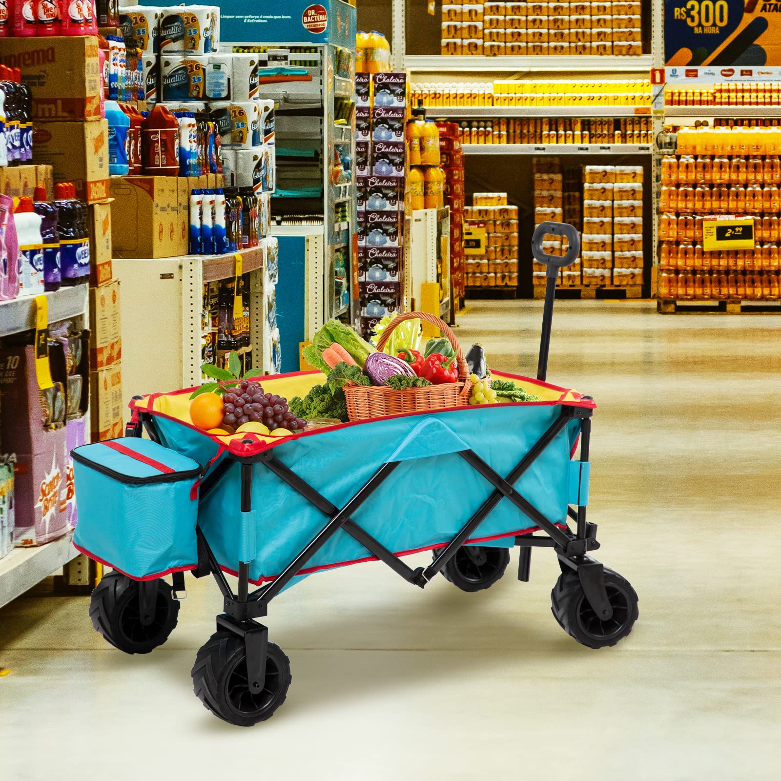 CharaVector Folding Wagon Cart,Beach Wagon with Big Wheels for Sand, Cooler Bag, Cup Holders and Side Bag, Collapsible Beach Wagon for Shopping, Camping, Garden