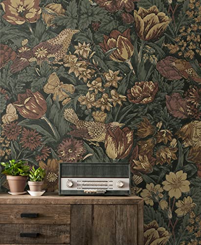 NextWall Bird Floral Vintage Peel and Stick Wallpaper (Mahogany & Graphite)