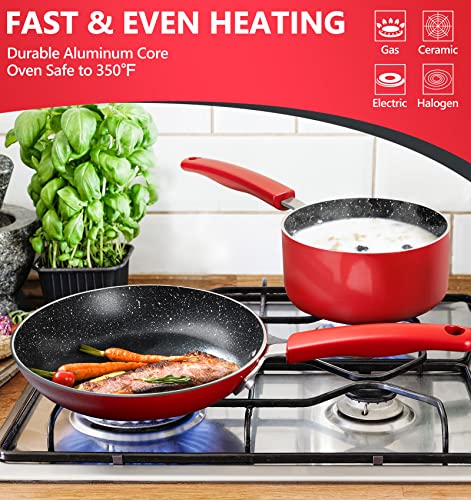 MICHELANGELO Pots and Pans Set Nonstick, 15 Pcs Kitchen Cookware Sets with Porcelain Enamel Exterior and Nonstick Granite-derived Coating, Enamel Cookware Set with 5 Utensils - Red