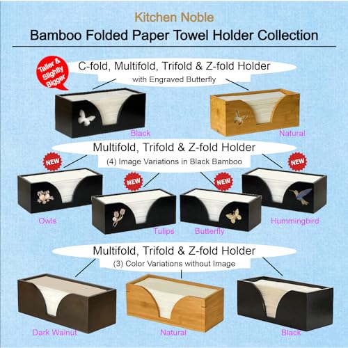 Countertop Paper Towel Dispenser with Engraved Butterfly in Black Bamboo β Compatible with C Fold, Multifold, Trifold & Z Fold Hand Napkins Folded Size 10.5" x 4.0" Or Smaller (Black)
