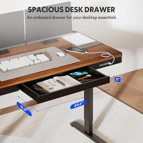 FLEXISPOT 55" Electric Standing Desk with Drawers, Quick Assembly Home Office Sit Stand Desk with Storage, USB Charging, Computer Desk for Home Office (55" Wood, Dark Walnut/Black)