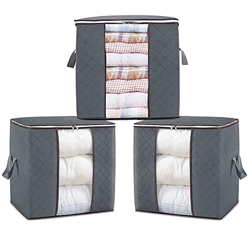 Micilelife Clothes Storage Bag 90L Large Storage Bags Closet Organizers and Storageļ¼3-Pack, Gray,Foldable Organizer, With Clear Window,Suitable for Finishing Of Household ItemsReinforced Thick and Durable Organizer, Suitable for Finishing the Bedrooms,To