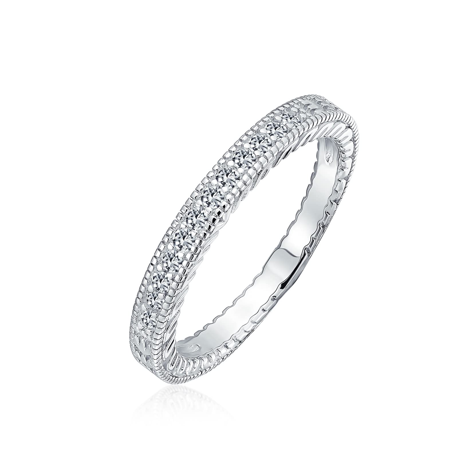 Bling Jewelry Pave AAA CZ Cubic Zirconia Thin Anniversary Wedding Band Ring For Women Etched Milgrain .925 Sterling Silver