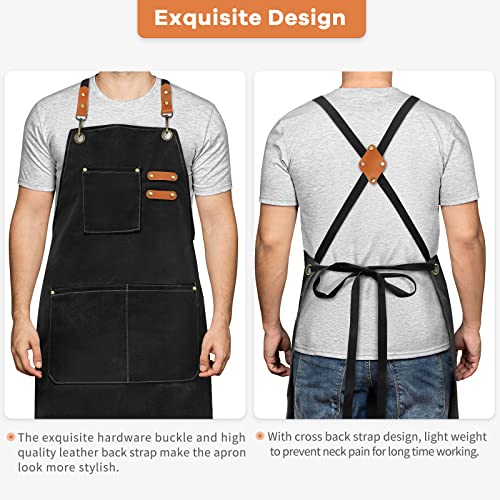 NLUS Chef Apron for Men, Heavy Duty Cotton Canvas Apron Cross Back Apron with Adjustable Straps and Large Pockets