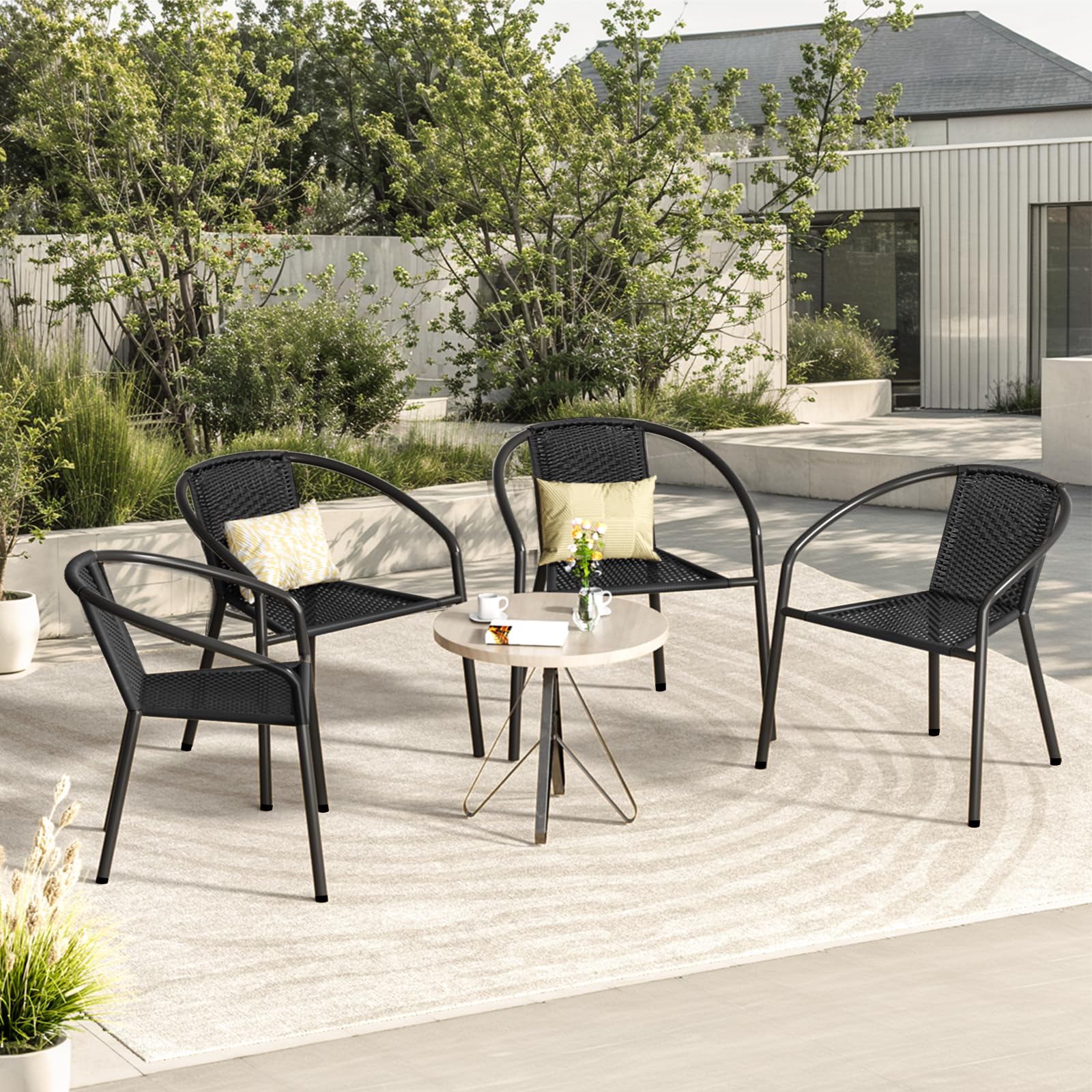 gaildon Outdoor Chairs Set of 4 Patio Chairs, Outdoor Dining Chairs - Stackable Wicker Rattan Chairs with Metal Frame for Balcony, Deck, Bistro, Backyard, Porch (4 Pack, Black)
