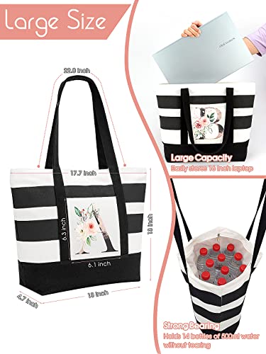 PARBEE Initial Canvas Tote Bag, Stripe & Floral Monogrammed Tote Bag with Pocket Top Zipper, Large Beach Bags Monogram Gift for Women Bridal Shower Wedding Birthday Mom Teachers, B