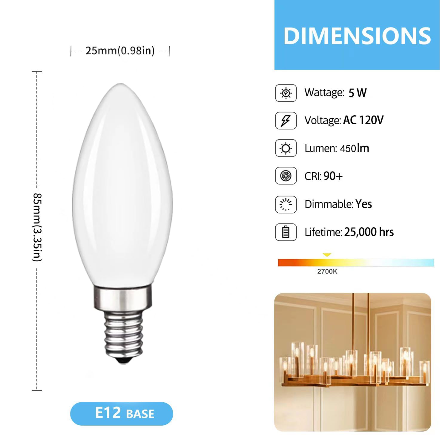 Erxiugs Dimmable LED Candelabra Light Bulbs, Daylight White 5000K CRI 90 C35(B11) LED Chandelier Bulb, 5W Equivalent to 40W 400LM LED Filament Bulbs Milk White Glass, E26 Base LED Candle Bulbs 6 Pack