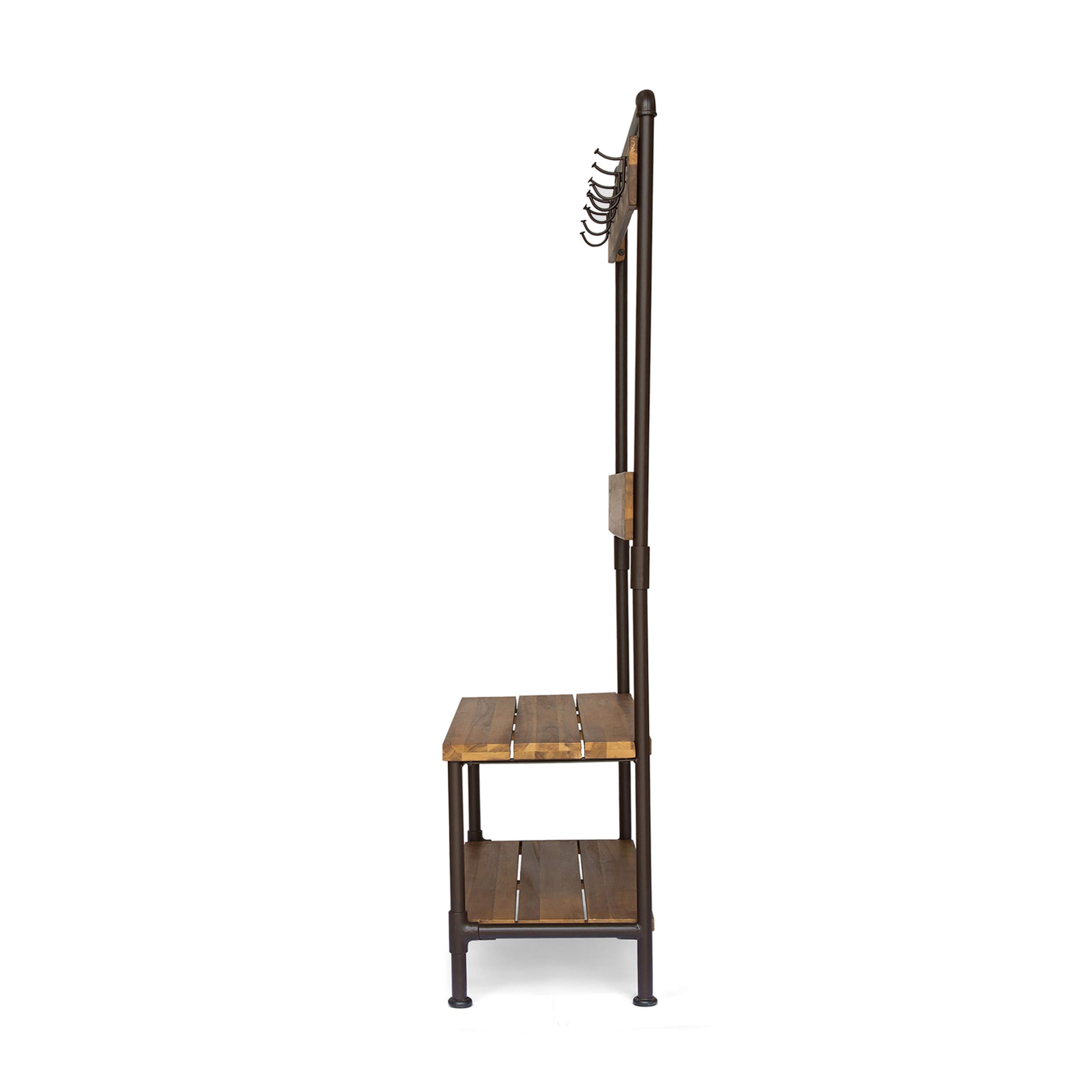 GDFStudio Outdoor Industrial Acacia Wood Bench with Shelf and Coat Hooks, Teak Finish
