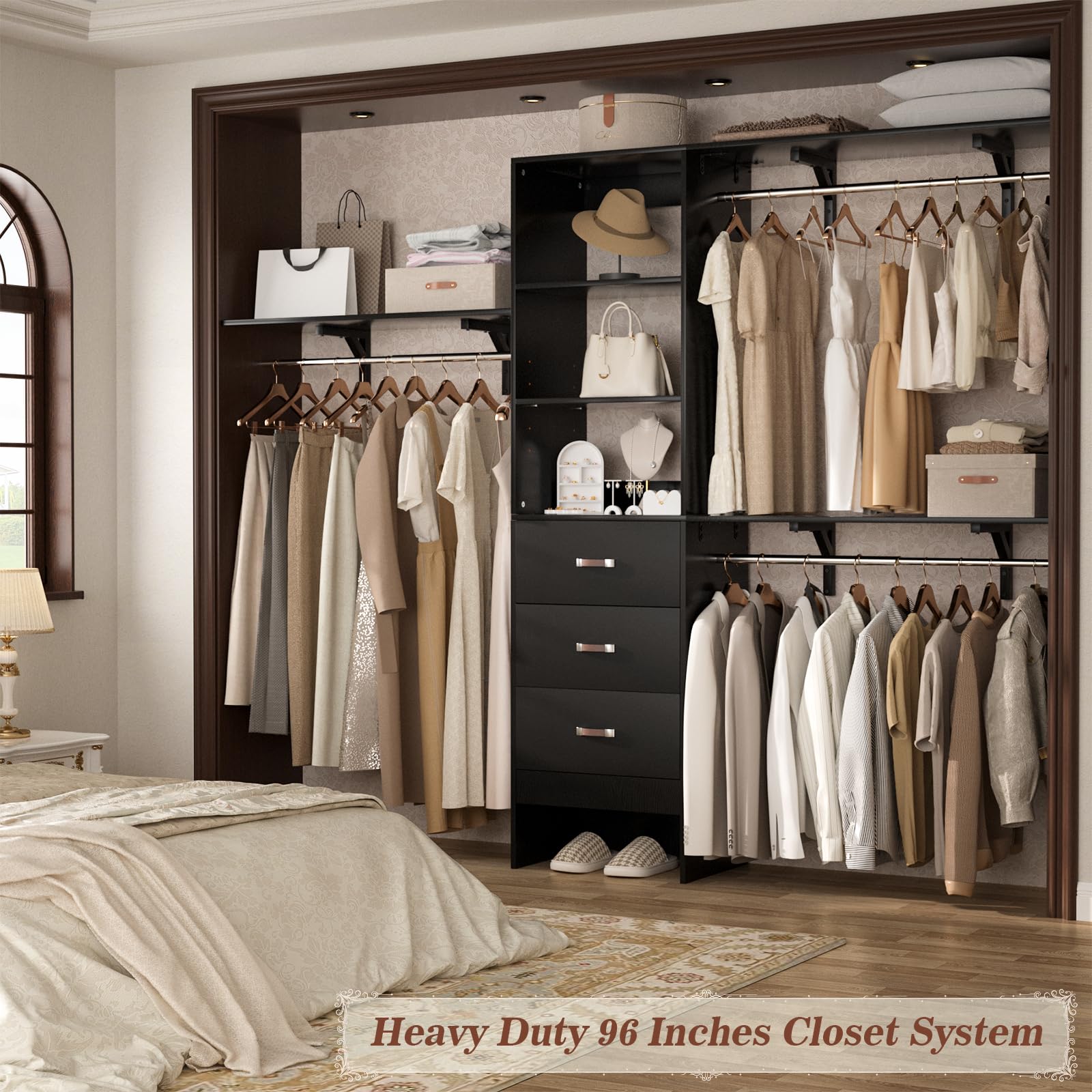 iSunirm 8FT Closet System, 96'' Closet Organizer System with 3 Hanging Rods, Wall Mount Bedroom Wardrobe with 3 Drawers Walk-in Closet, Adjustable Cloth Garment Rack from 5 to 8FT (Cut to Fit), White