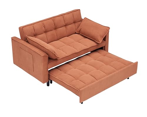 ERYE 3 in 1 Convertible Sleeper Sofabed,Modern Corduroy Upholstered Loveseat Sofa&Couch with Pull Out Sleep Couch Bed, Side Storage Pockets and 2 Pillows for Home,Office,Apartment,RV Living Room