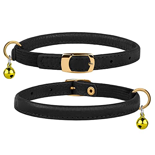 Murom Rolled Leather Cat Collar with Elastic Strap Safety Adjustable Pet Collars for Cats Kitten Yellow Red Pink Blue Orange Brown Gray (Black)