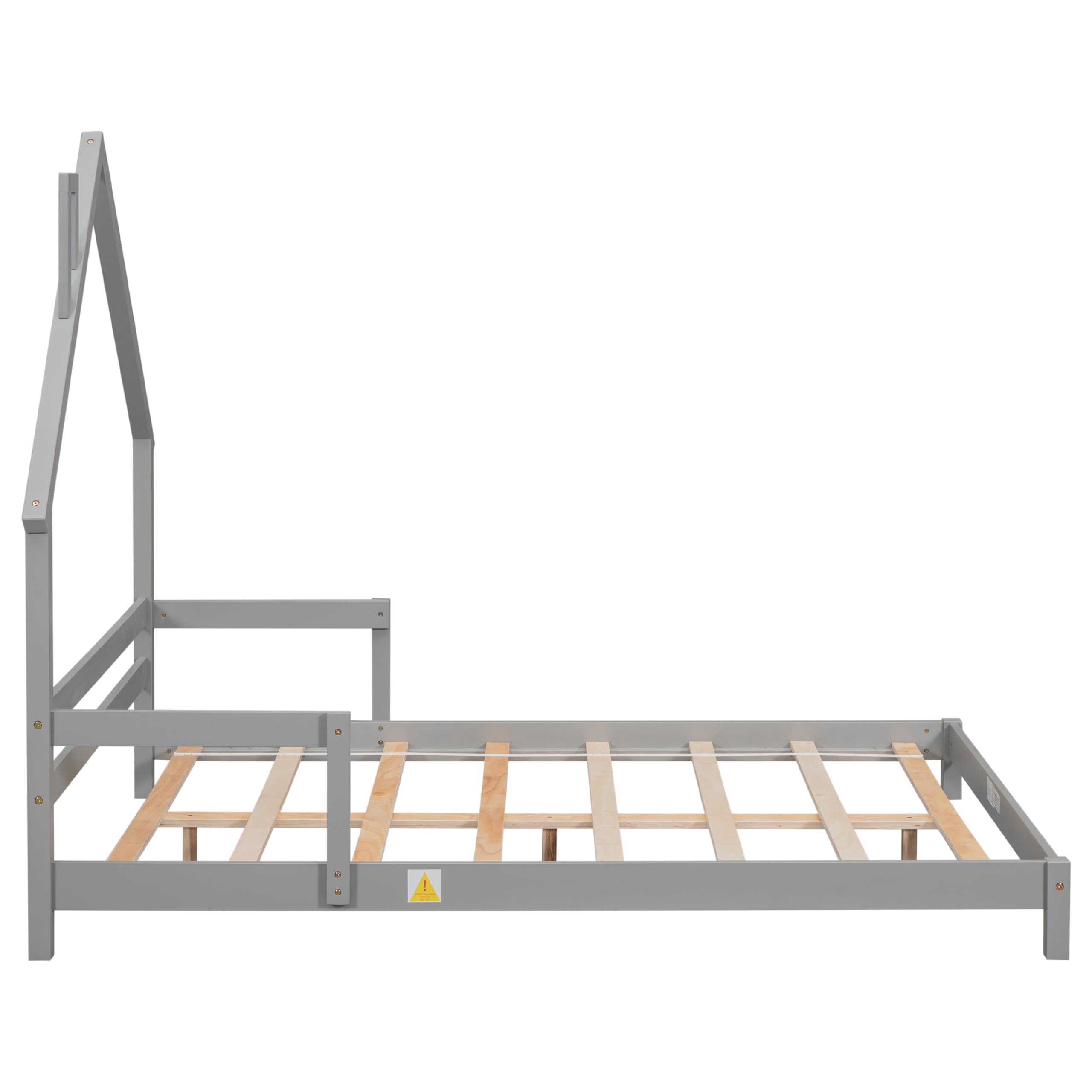 Floor Bed for Kids, Full Size Montessori Bed with House Shape Headboard, Wood House Bed with Slats for Boys Girls, Low Platform Bed, No Box Spring Needed, Gray