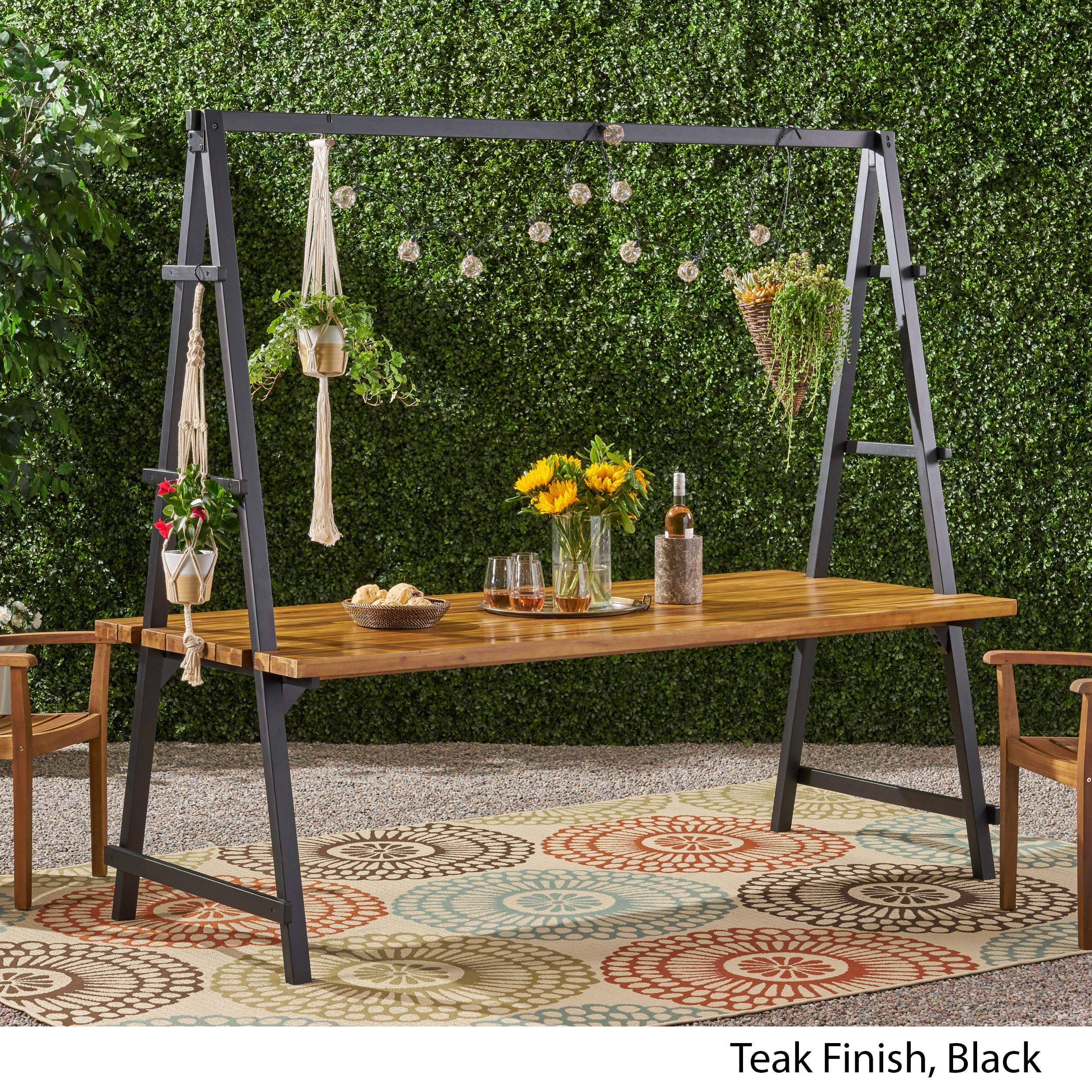 GDFStudio Outdoor Acacia Wood 88.5" Dining Table with Iron Plant Hanger, Finish and Black