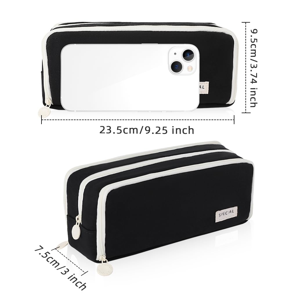 iSuperb 3 Compartments Pencil Case Pouch Big Capacity Pencil Holder Oxford Storage Cosmetic Makeup Bag for Women (Black)