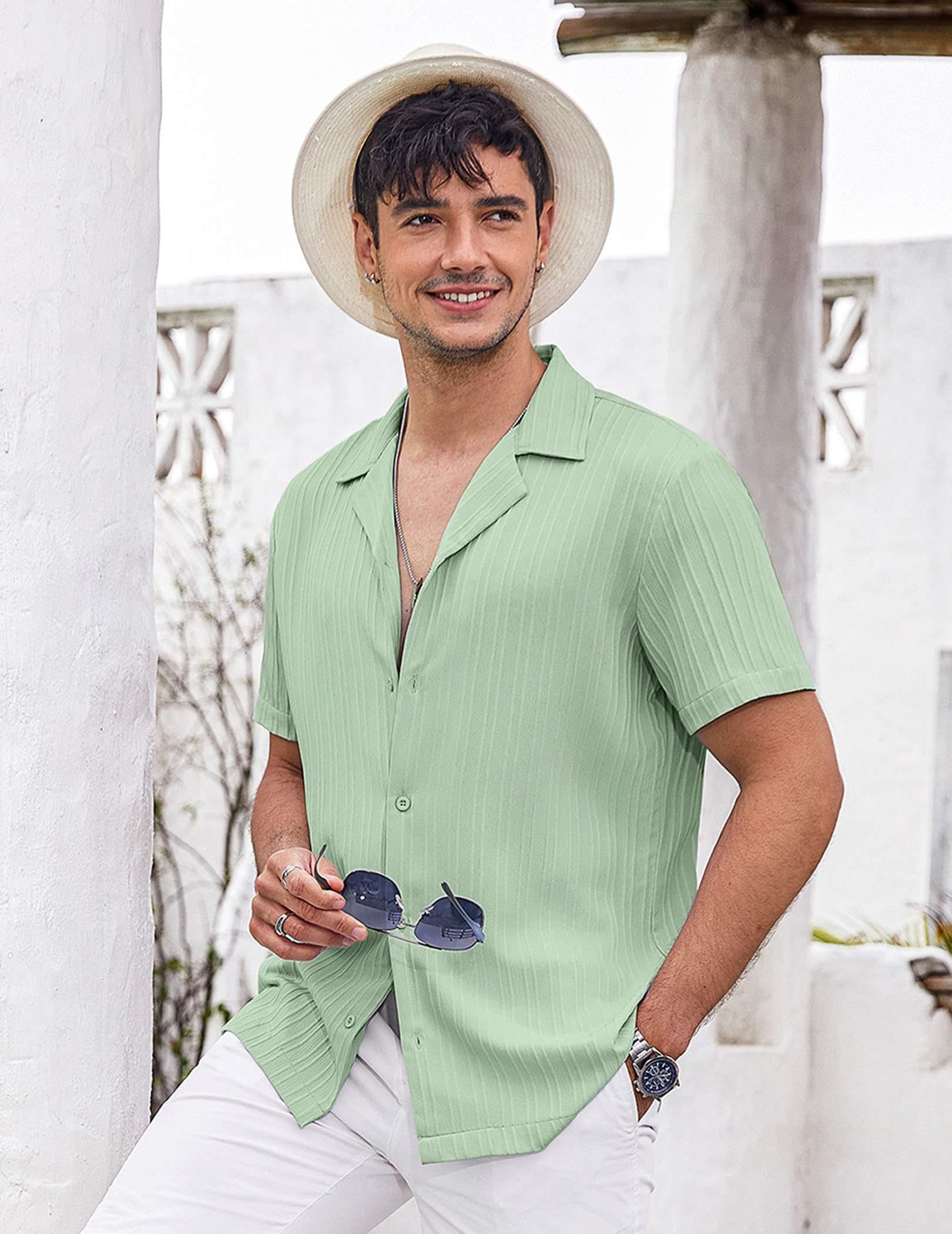 COOFANDY Button Down Shirt Men Button Down Short Sleeve Shirt Button Up Shirts for Men Linen Shirts for Men Summer Beach Shirt Light Green - M