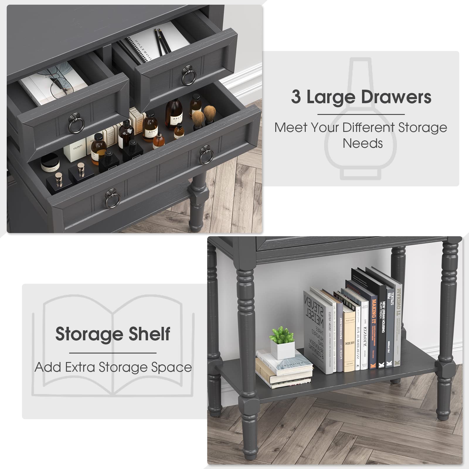 Giantex Entryway Table with Storage, Rustic Small Console Table w/ 3 Drawers & Open Bottom Shelf, Skinny Wood Console Table, Narrow Sofa Side Table for Living Room, Foyer, Hallway, Entry Table, Beige