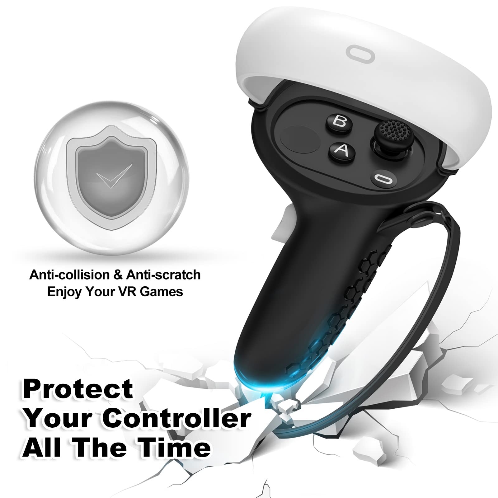 Controller Grips Cover for Oculus Quest 2 Grip Protector Cover for Oculus Quest 2 Accessories, Anti-Throw Protective Handle Sleeve with Adjustable Knuckle Strap - Black