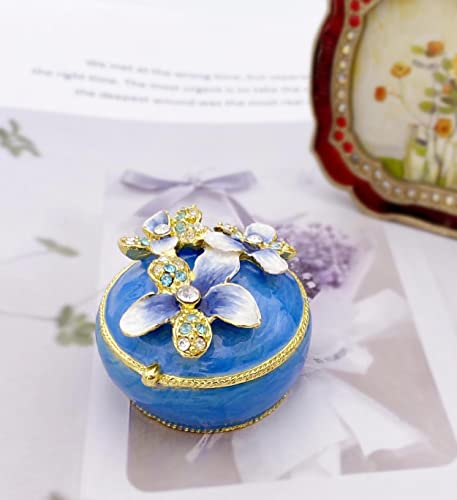 JWT Astyle Orchid Flower Blue Trinket Boxes Hinged Small Jewelry Box with Crystals.Collectible Trinkets Home Gift Enamel Decorative Tiny Keepsake Box Decor Necklace Rings Earrings Organizer.