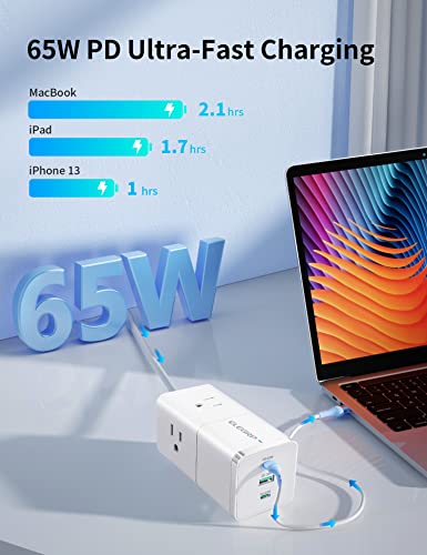 ELEGRP Travel Power Strip with 65W USB C, 3 Outlets 3 USB(2 USB-C), 5ft Extension Cord with 3 Widely Spaced Outlets, 65W USB C Fast Charging Compatible with MacBook, Travel Hotel Cruise Essentials