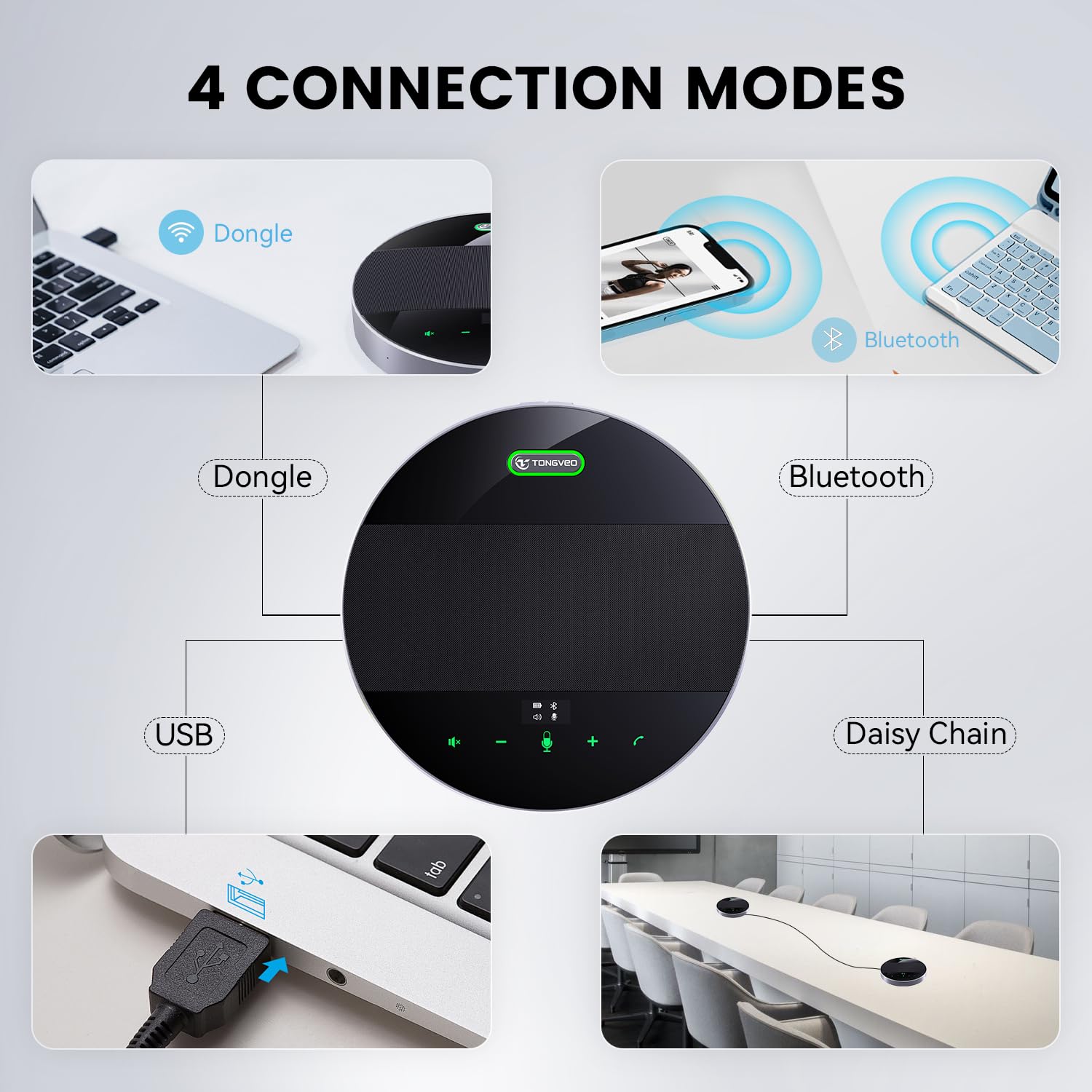 TONGVEO Bluetooth Speakerphones Conference Microphone,2 in 1 Daisy Chain Conference Speakers with Microphone,360° Voice Pickup Noise Reduction 8 Hour Call Time for up to 20 Attendees Meeting