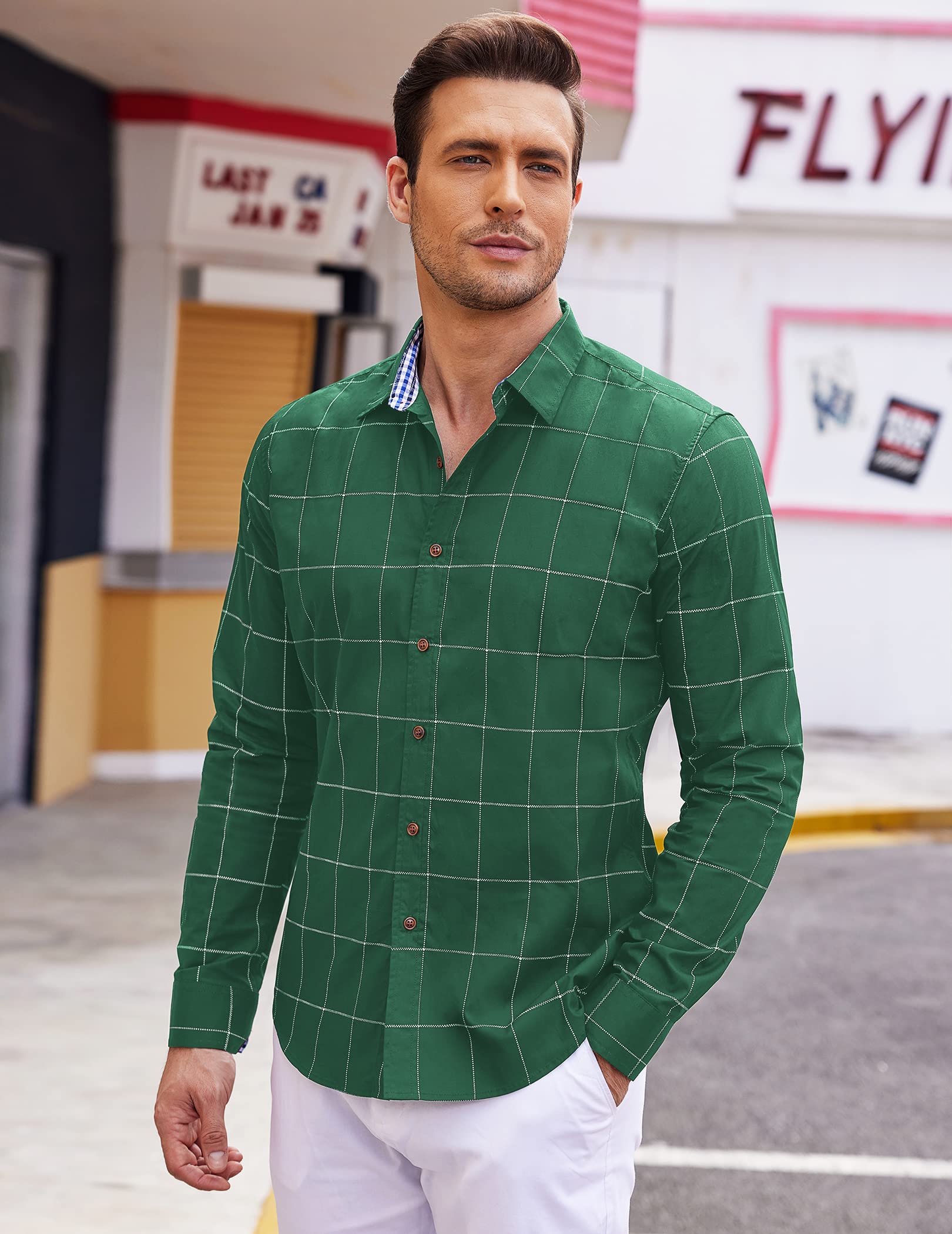 COOFANDY Men's Fashion Long Sleeve Plaid Button Down Shirts Casual Dress Shirt Army Green