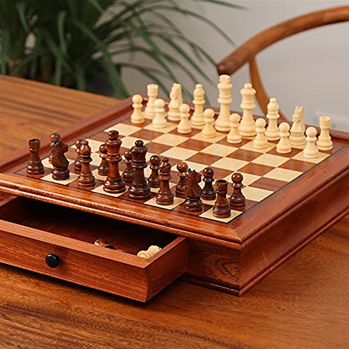 THPT High-end 16" Drawer Wooden Chess & Checker Set for Adults 2 Extra Queen Wooden Chessmen Classic Board Game Gift for Men Board Games (Size : L)