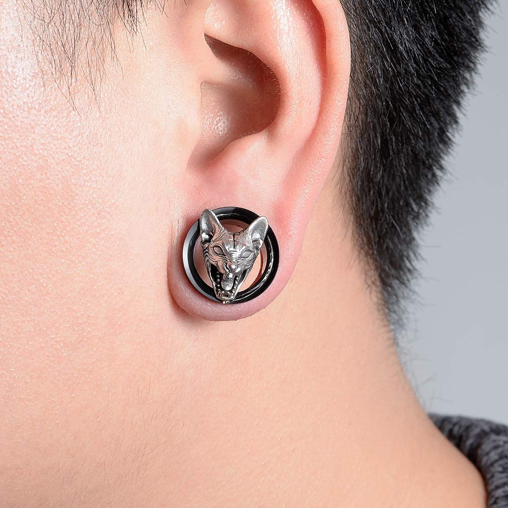 COOEAR 1 Pair Stainless Steel Cat Logo Ear Gauges Black screw Tunnels for Ears Piercing Ear Plugs.