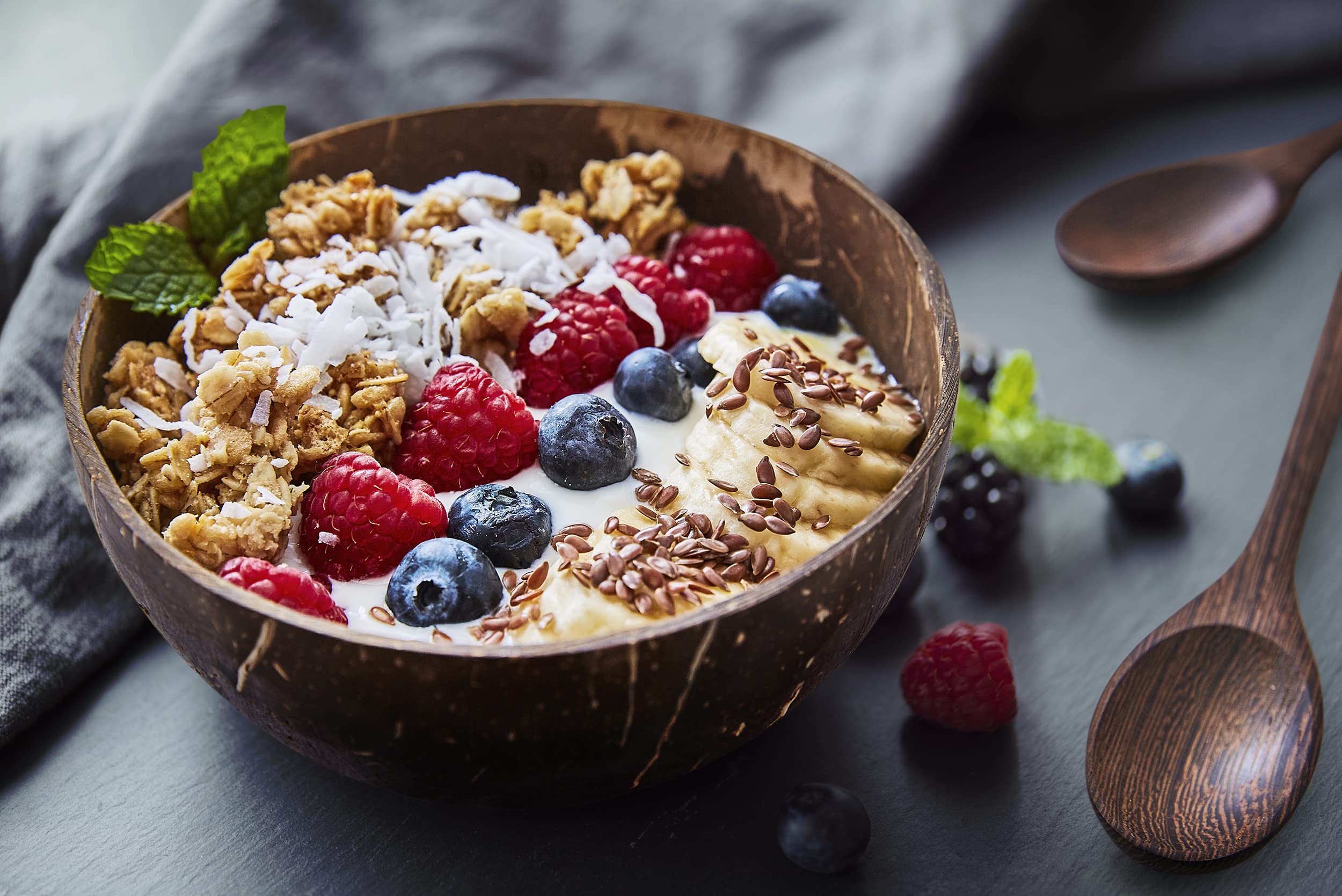 Coconut Bowls and Coconut Spoons Gift Set (Set of 4 Coconut Bowls + 4 Wooden Spoons) - 100% Natural - Vegan - Hand Made - Eco Friendly - Made from Reclaimed Coconut Shells - Bowls For Eating