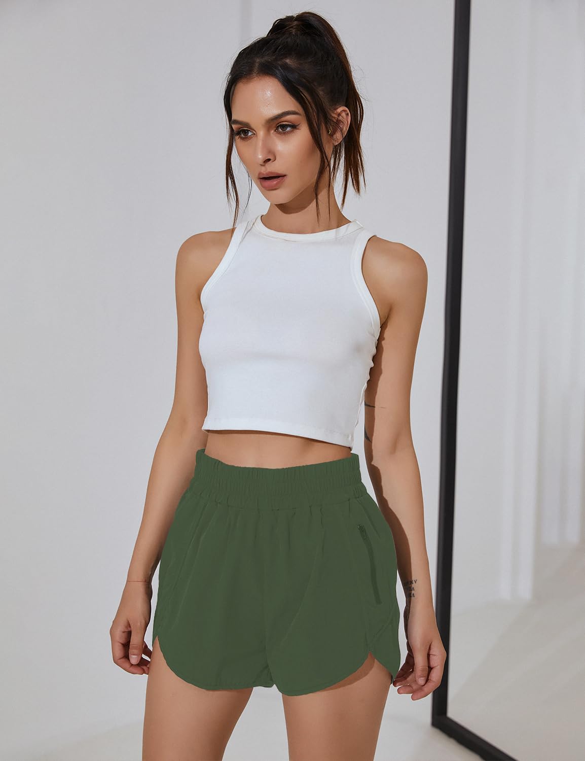 BMJL Women's Running Shorts Elastic High Waisted Shorts Pocket Sporty Workout Shorts Quick Dry Athletic Shorts Pants(M,Green)