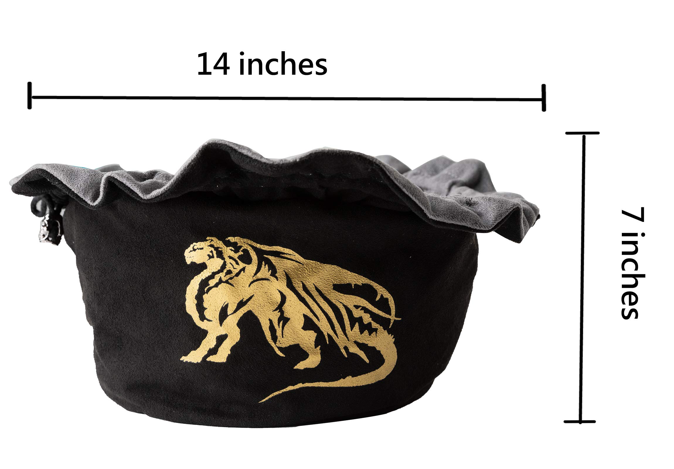 PUGED Large DND Dice Dragon Drawstring Bags with Pockets Black Storage Bag for RPG MTG Game Dices Capacity Over 300 Dice