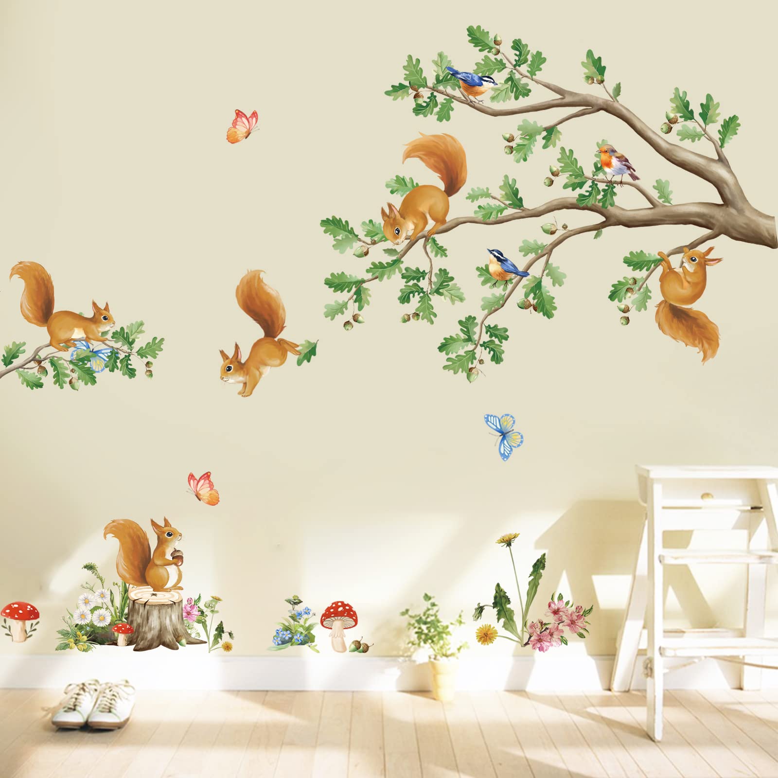 decalmile Woodland Animals Wall Decals Bundle with Squirrels on Branch Wall Stickers Baby Nursery Kids Bedroom Daycare Wall Decor