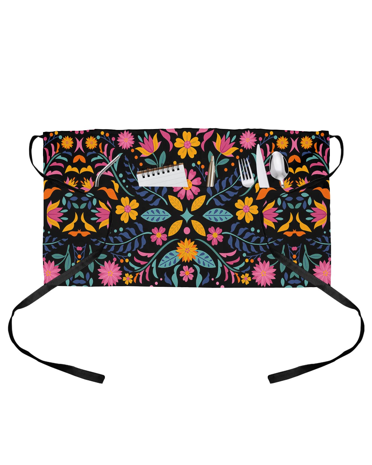 DecorLovee Mexican Colorful Floral Waitress Apron with 3 Pockets, Mexico Ethnic Classic Black Abstract Art Server Aprons Waterproof Kitchen Restaurant Half Waist Apron for Men Women