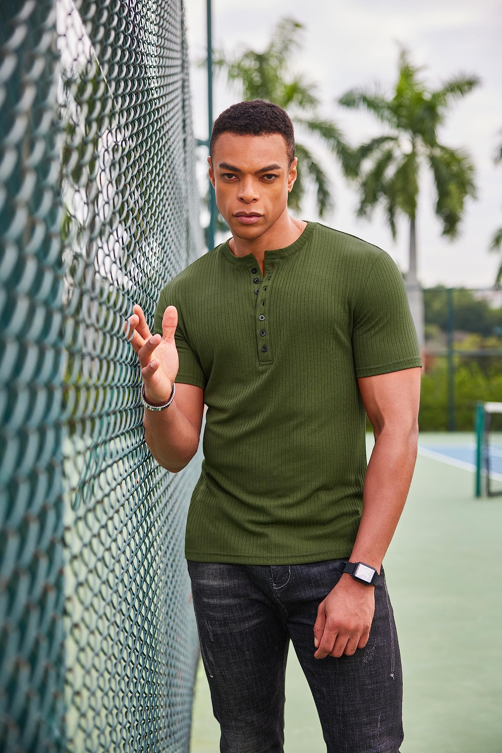 COOFANDY Men's 2 Pack Henley Shirts Short Sleeve Casual Ribbed Knit T Shirts Stretch Muscle Tee Shirts