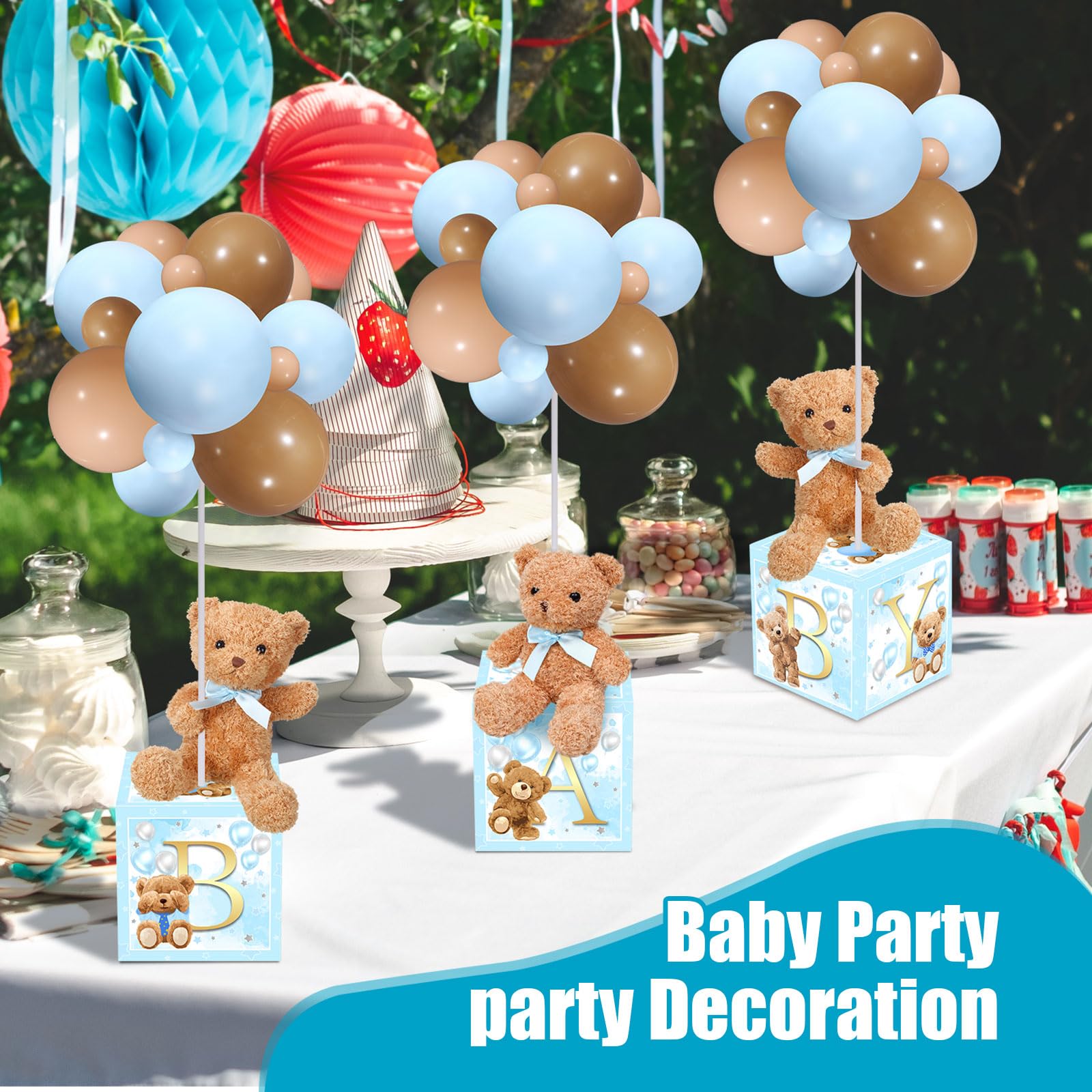 Lenwen 6 Sets Blue Bear Decorations for Baby Shower, Baby Letter Boxes Baby Shower Table Centerpieces Bear Stuffed Animals Balloon with Stand Bear Plush Toy Baby Boxes for Birthday Party Wedding